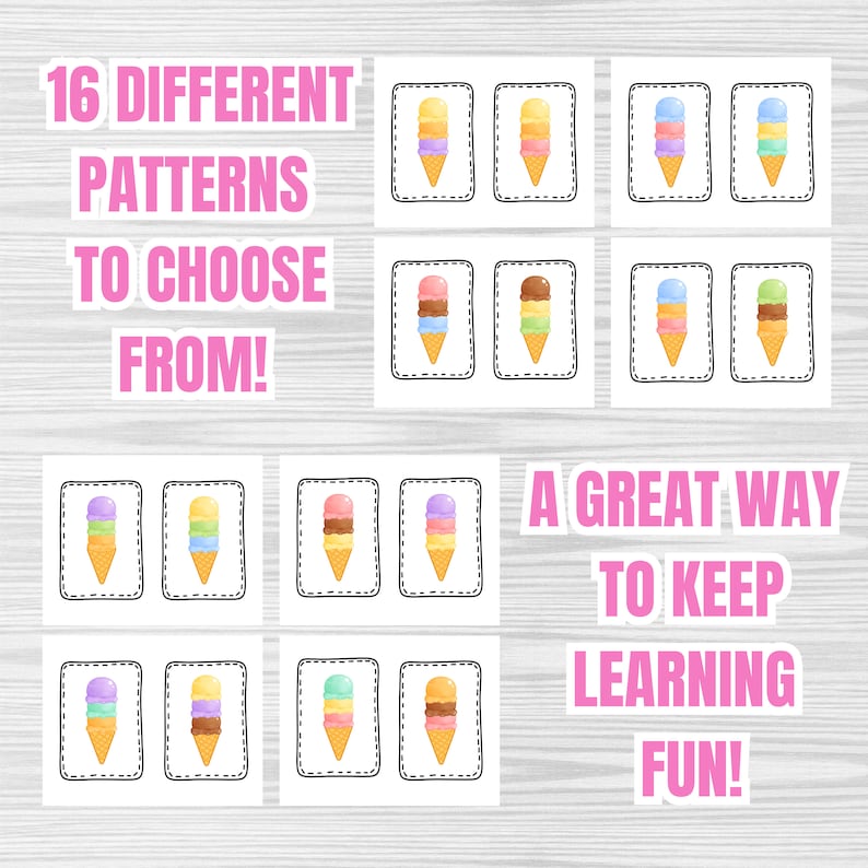 Printable Ice Cream Pattern Building Set 16 Fun Pattern Cards, 8 Flavor ...