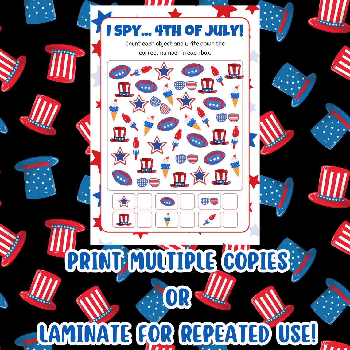 4th of July I Spy Printable Worksheet: Patriotic Kids Activity (instant ...