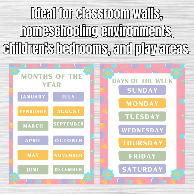 Pastel Color Printable Calendar Poster Set - Days of the Week & Months ...