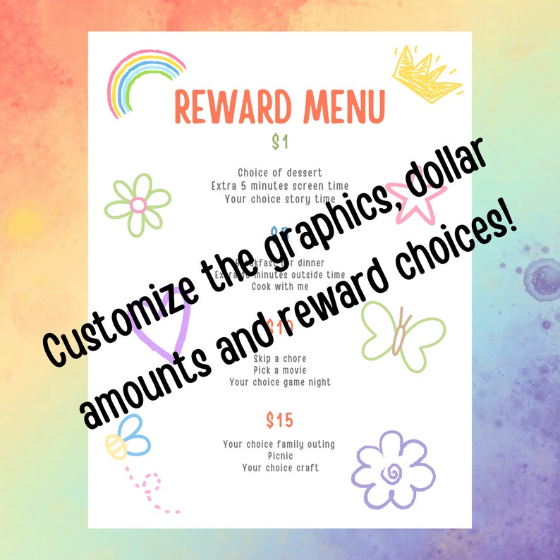Customizable Reward Money Menu for Kids | Instant Digital Download ...