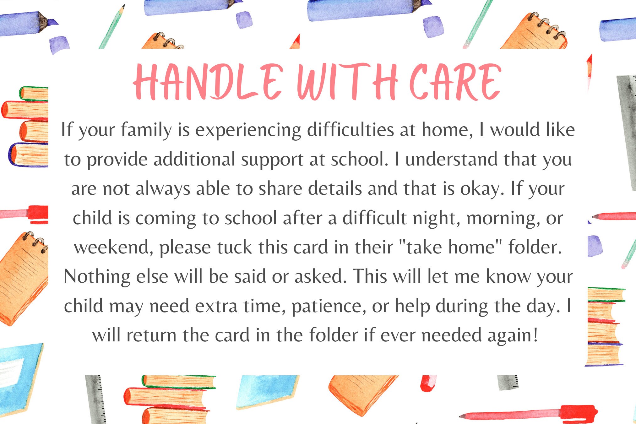Handle With Care Note: Teacher-parent Communication (digital Download ...