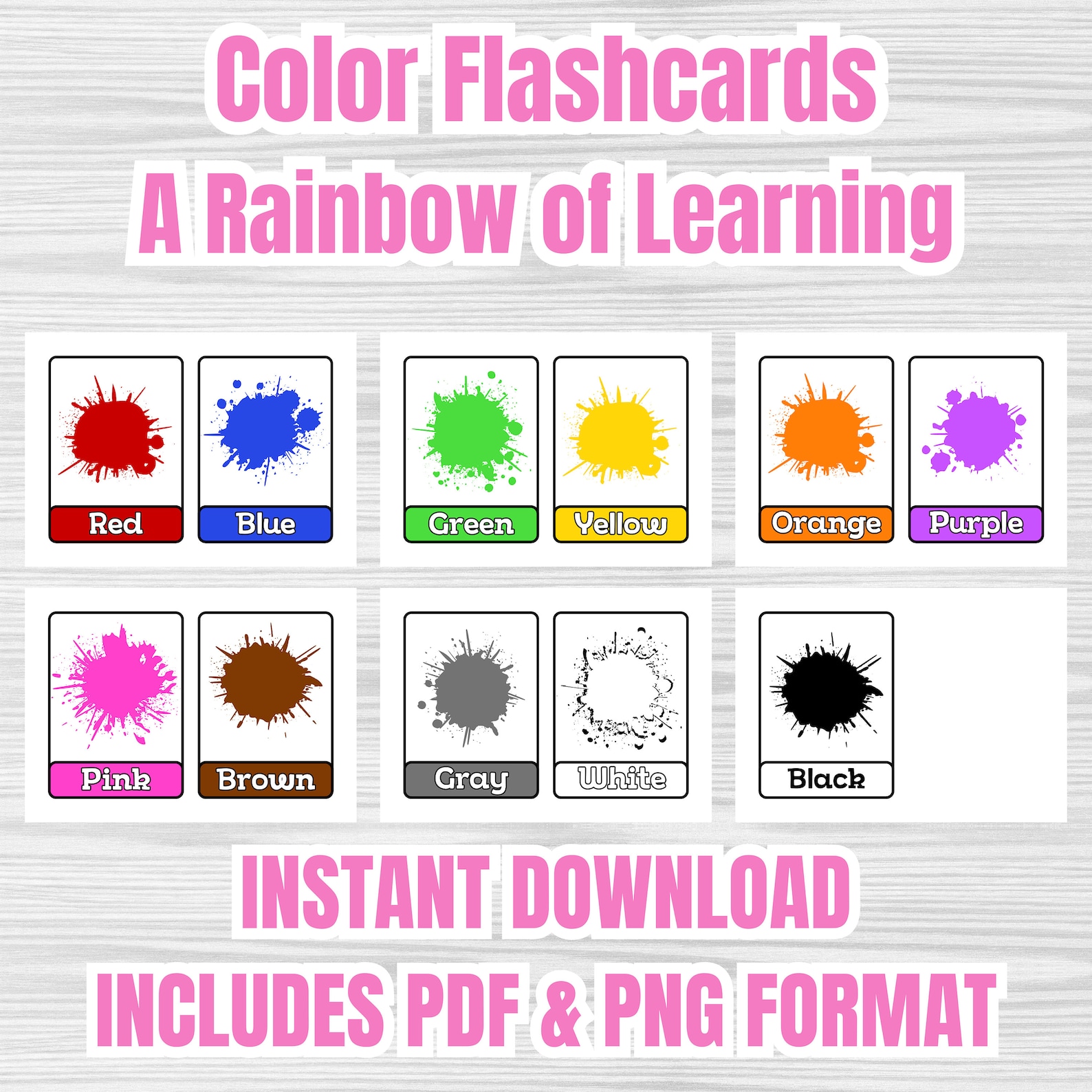 Paint Splatter Color Flashcards - 11 Colors Including White, Grey, and ...