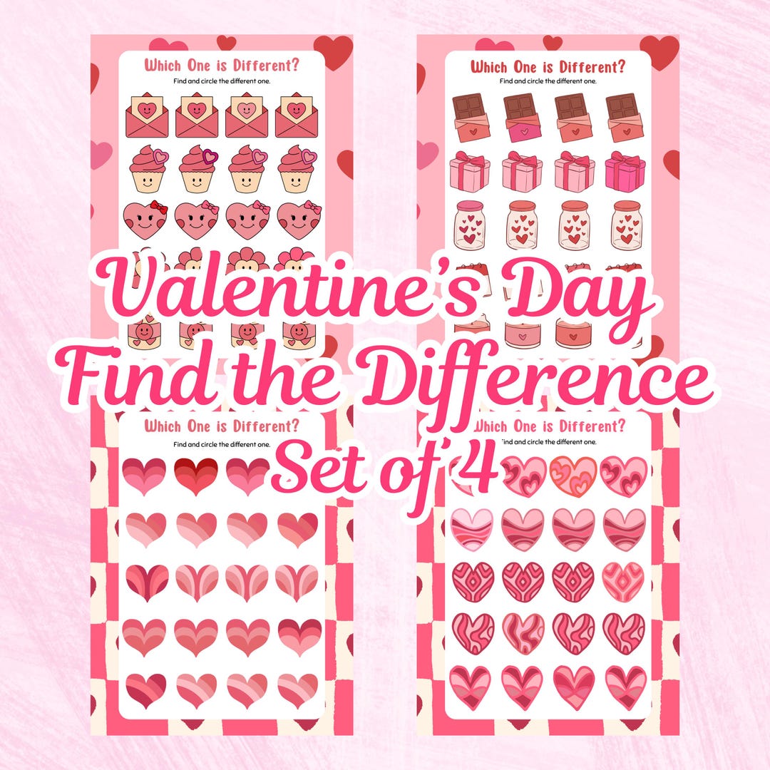 Valentine's Day Find the Difference Game: 4-pack Printable Activity ...