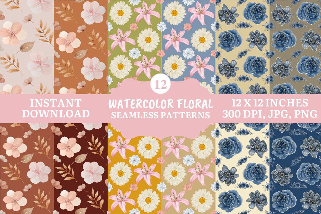 Watercolor Floral Seamless Patterns: Elegant Botanical Designs (digital ...