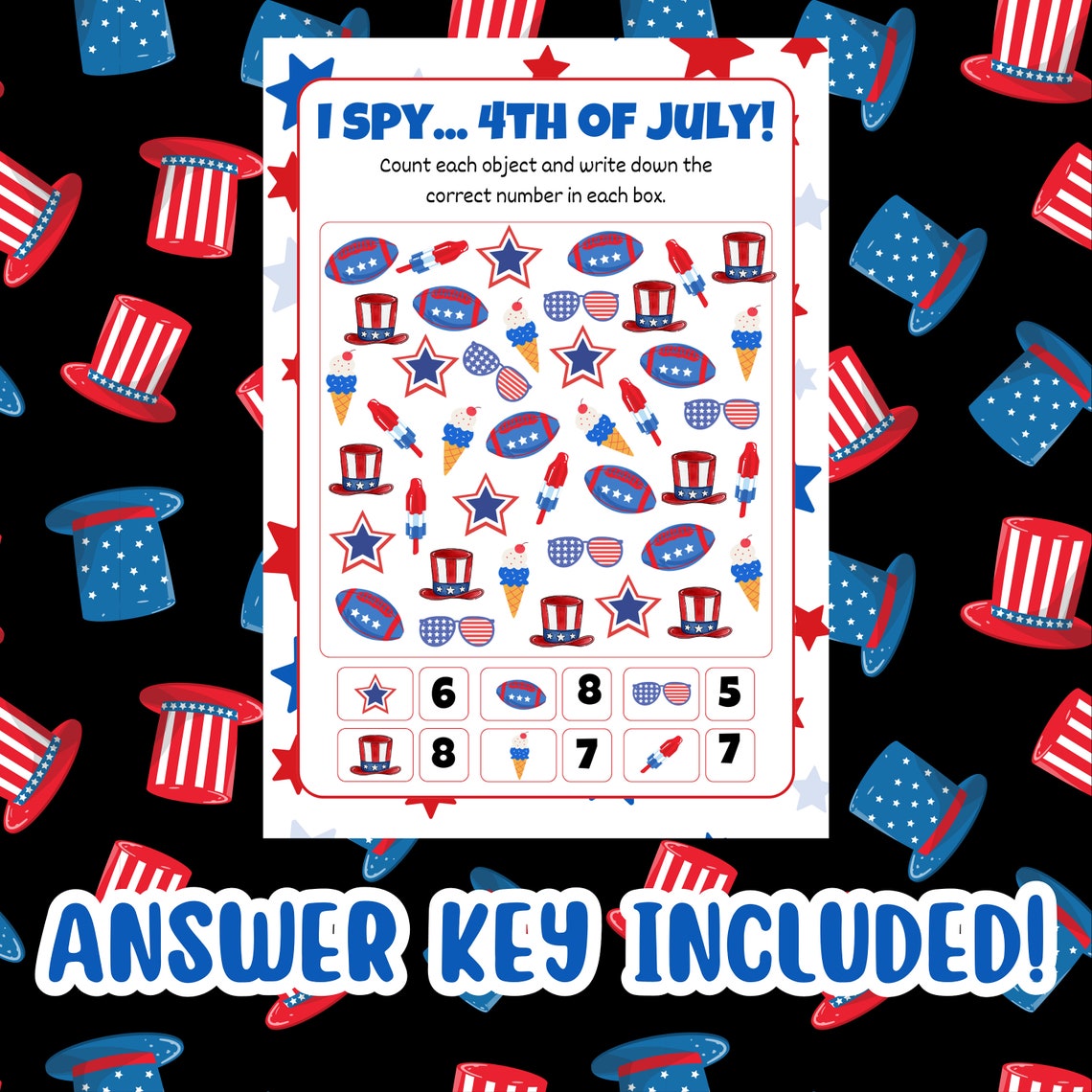 4th of July I Spy Printable Worksheet: Patriotic Kids Activity (instant ...