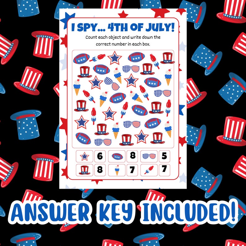 4th of July I Spy Printable Worksheet: Patriotic Kids Activity (instant ...