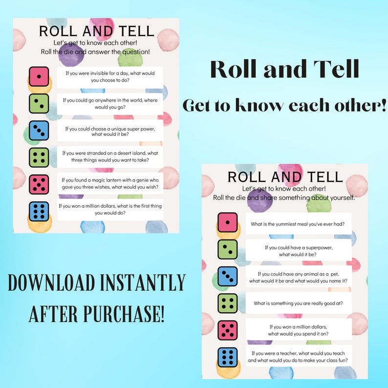 Roll and Tell Ice Breaker Game / Ice Breaker / Digital - Etsy