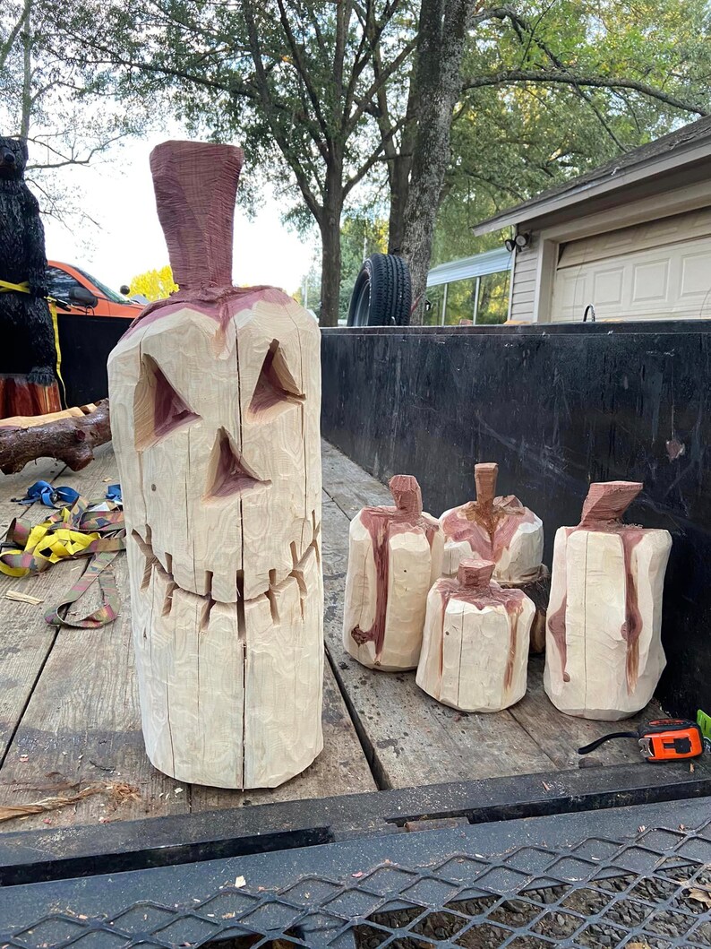 Chainsaw Carved Pumpkins Cedar Some With Faces Etsy