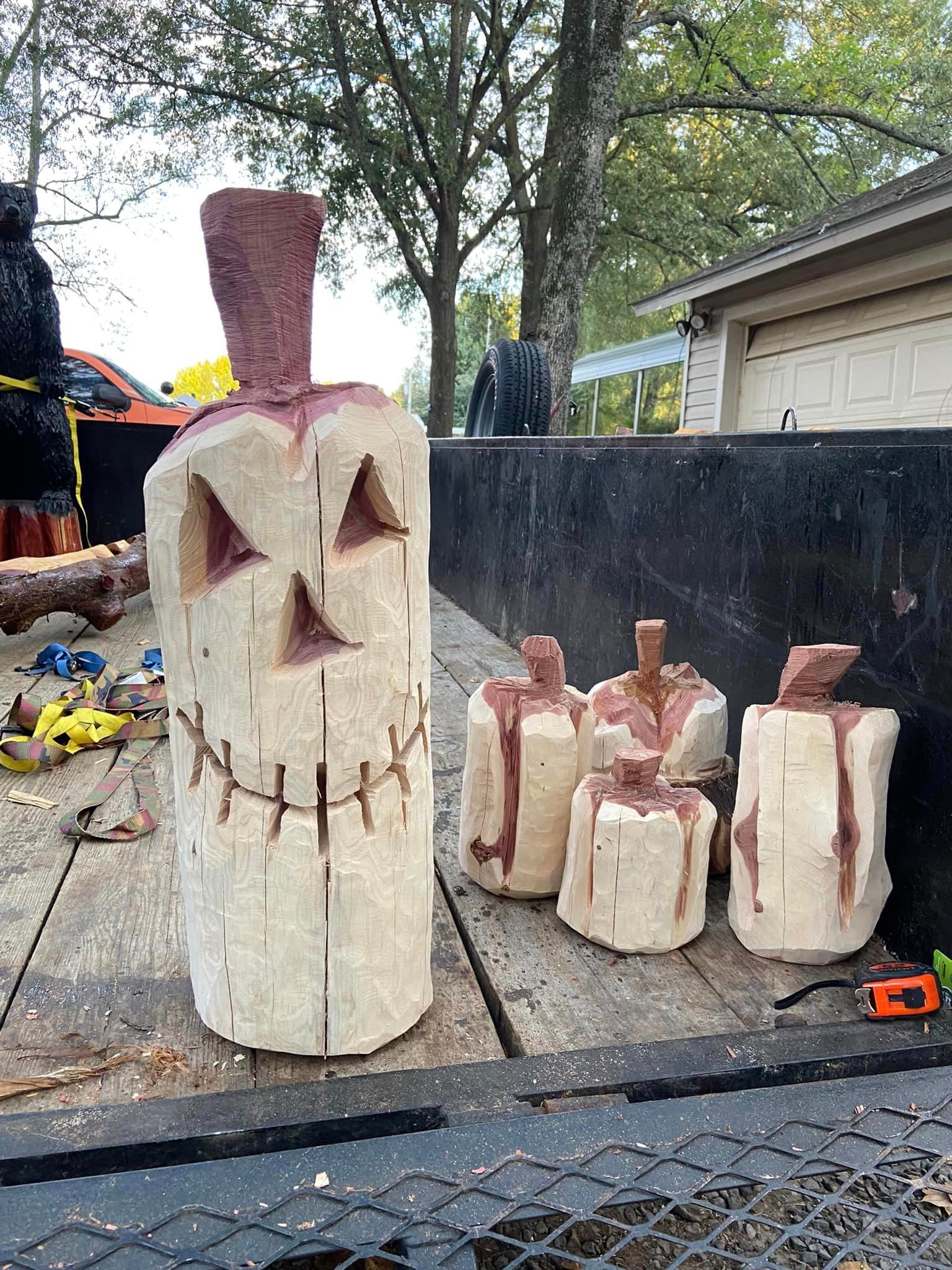 Chainsaw Carved Pumpkins Cedar Some With Faces Etsy