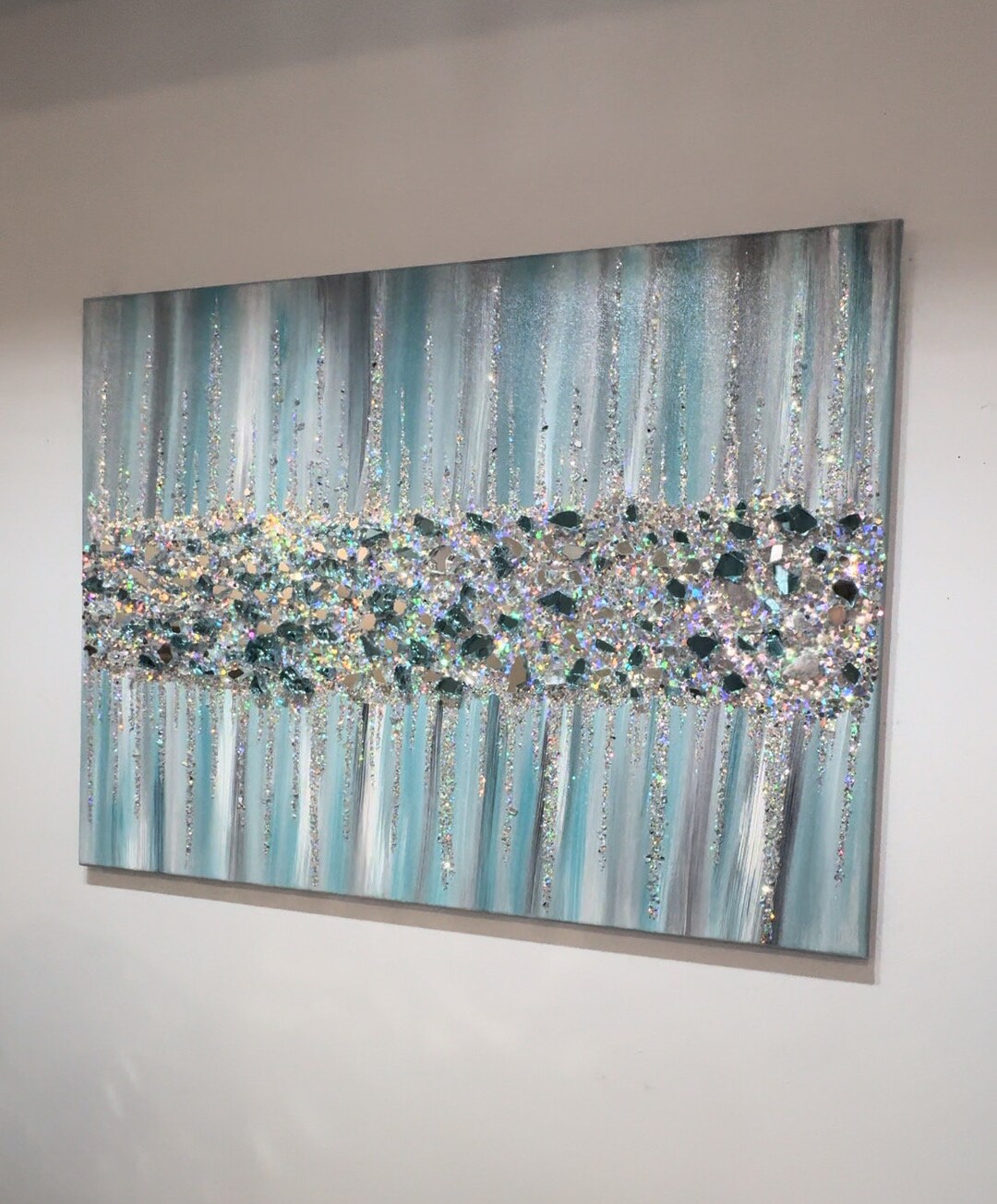 Silver and Teal Crushed Glass Canvas, Hand Made Wall Art, Silver ...