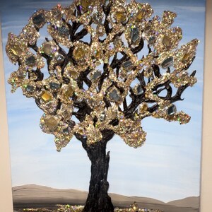 3D Texture Tree Painting, Blue Gold and Silver Crushed Glass Canvas ...