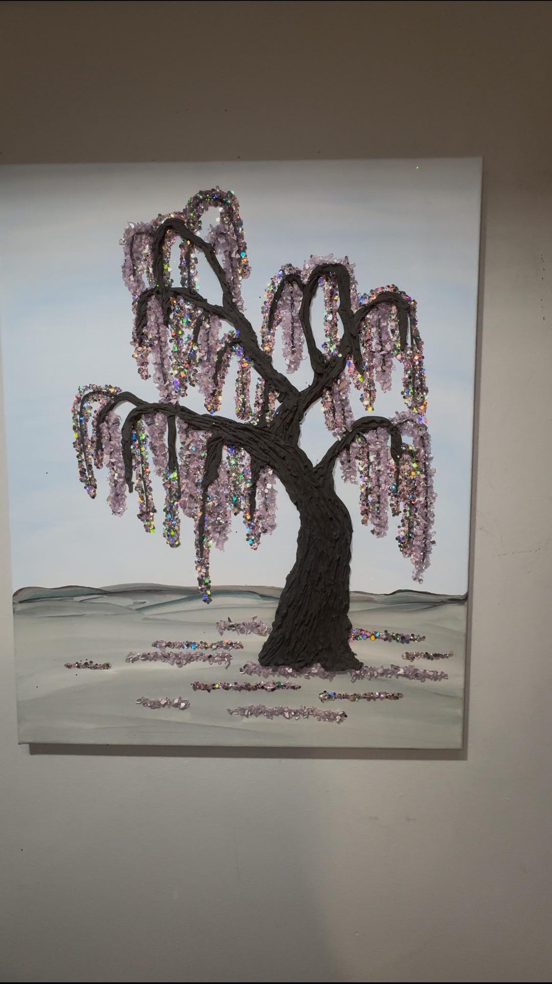 3D Texture Tree Crushed Glass & Glitter Canvas, Pink and Silver Glitter ...