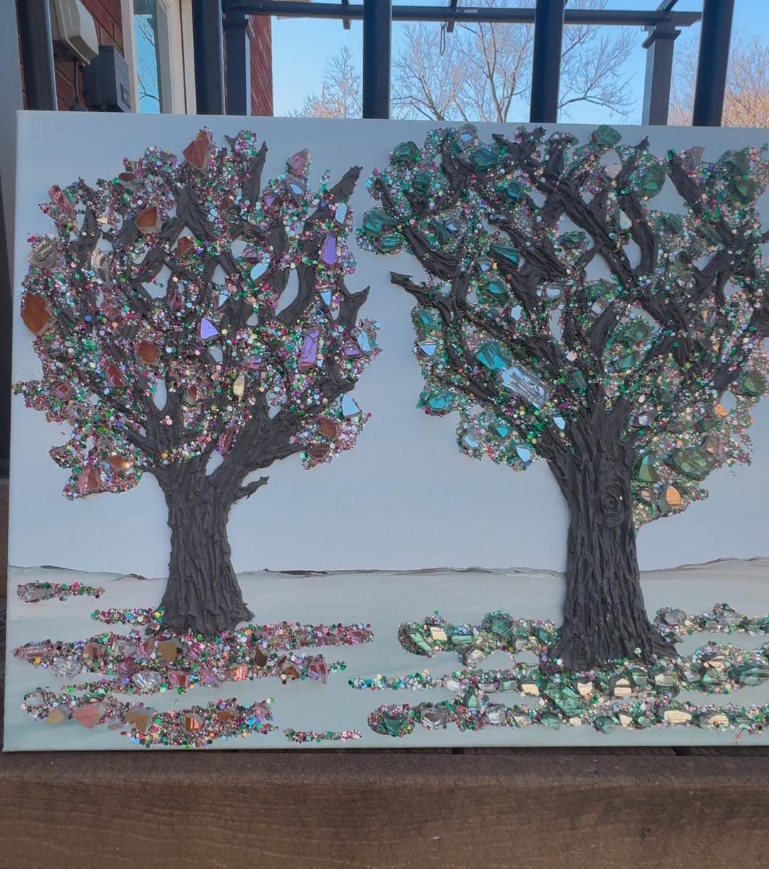 3D Texture Tree Crushed Glass & Glitter Canvas, Green Silver and Pink ...