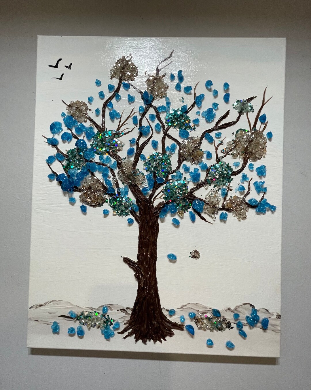 3D Texture Tree Crushed Glass & Glitter Canvas, Wall Picture, Turquoise ...