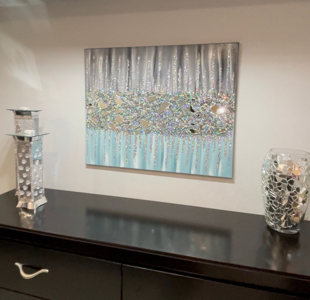 Crushed Glass & Glitter Canvas, Hand Made Wall Art, Wall Picture ...