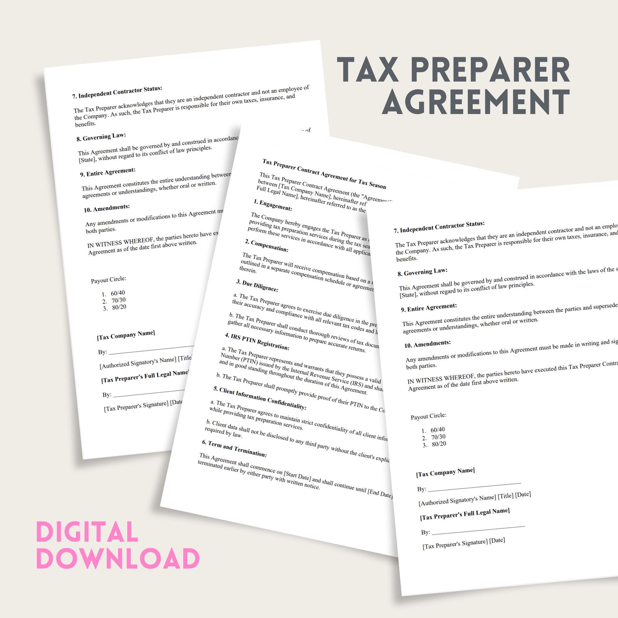 Tax Preparer Agreement, Tax Preparer Agreement Template, Accountant ...