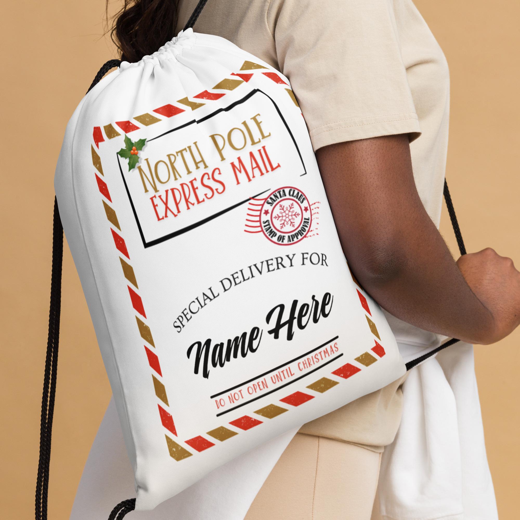 North Pole Express Mail String Bag, North Pole Santa Sack, Personalized ...