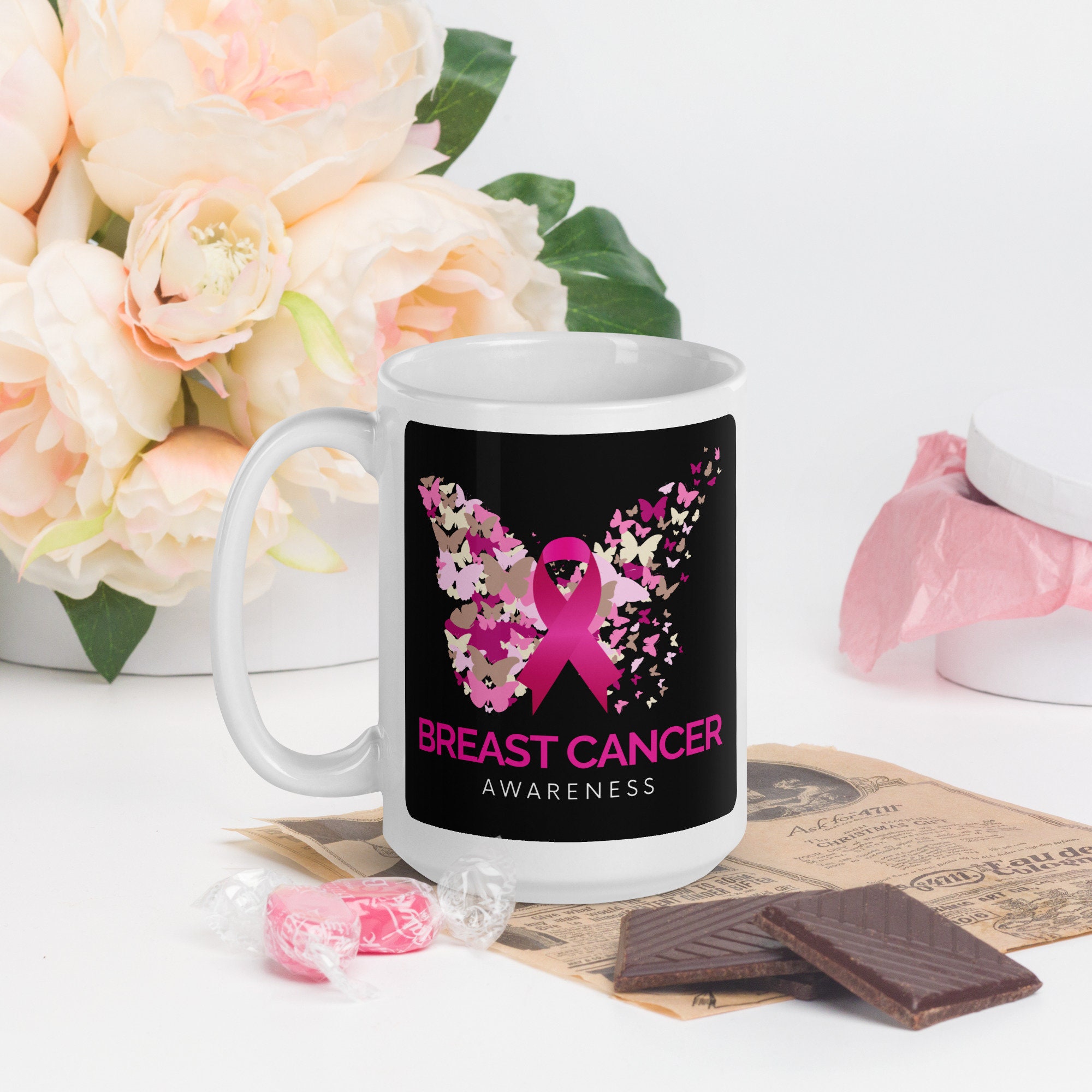 Breast Cancer Awareness Mug With Butterfly Pink Ribbon Design Breast ...
