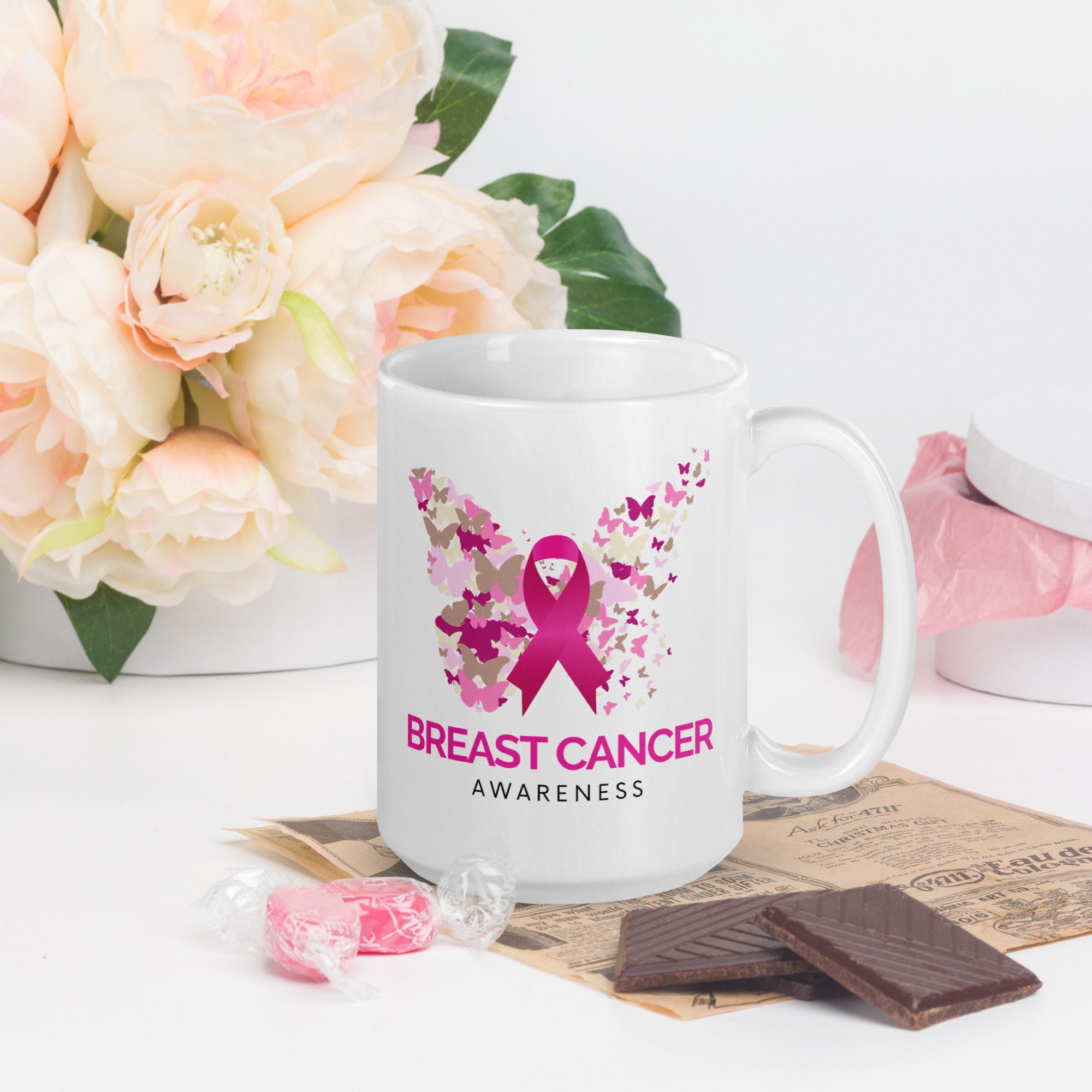 Breast Cancer Awareness Mug With Butterfly Pink Ribbon Design Breast ...