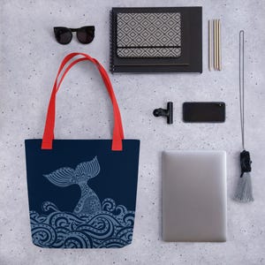 Ocean Vibes Tote Bag With Whale Tail Design, Blue Tote, Coastal Style ...