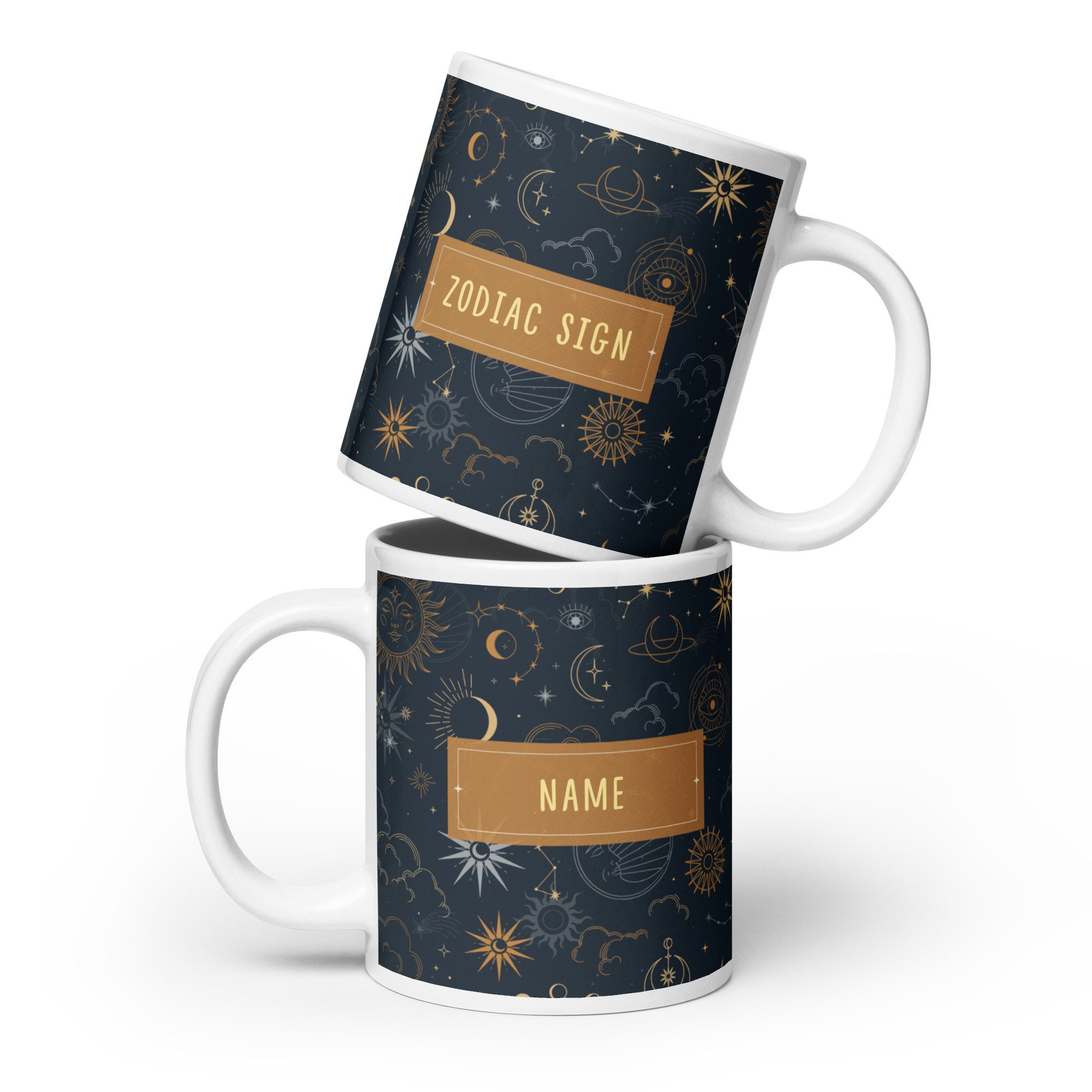 Personalized Sun and Stars Mug, Custom Name and Zodiac Sign Cup, Zodiac ...