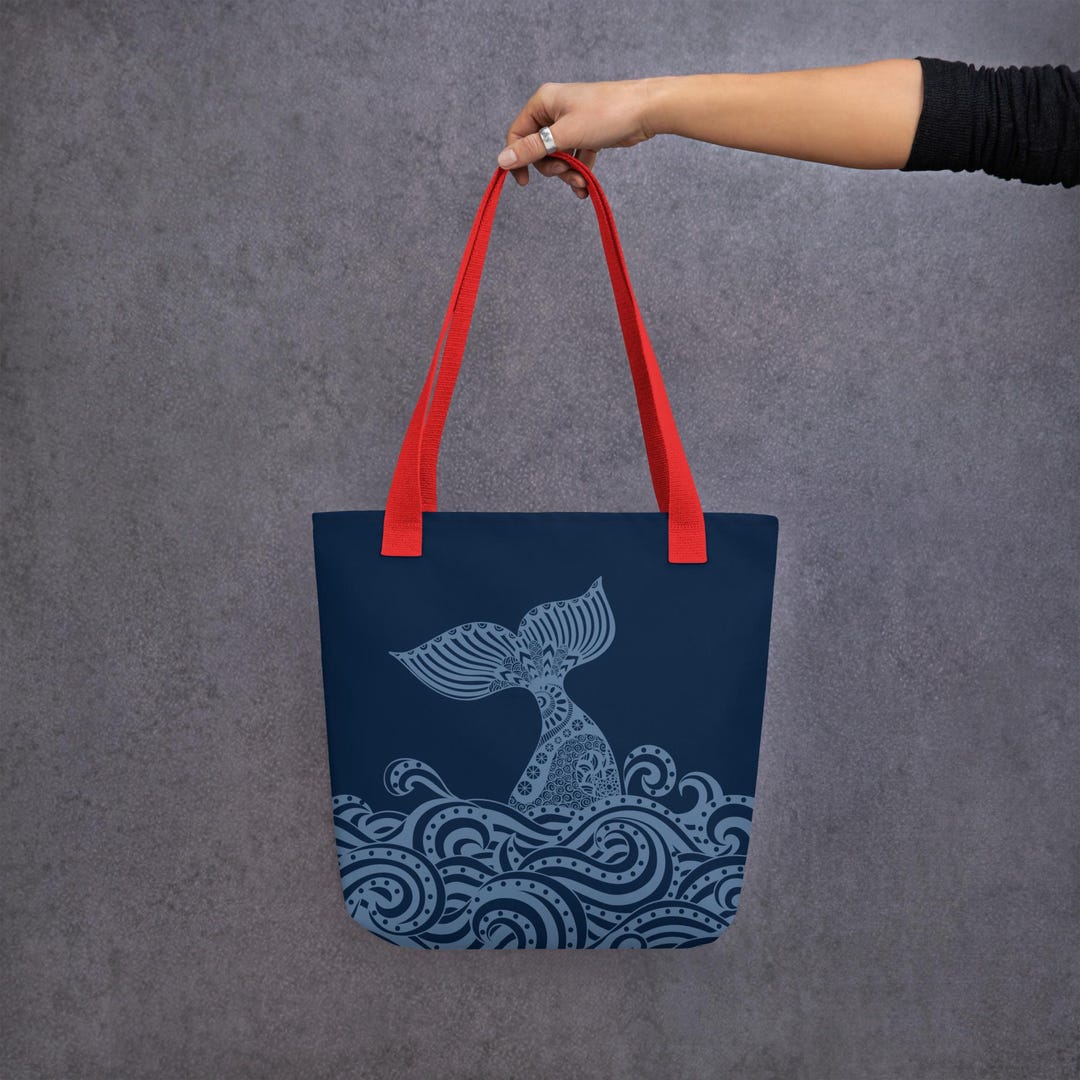 Ocean Vibes Tote Bag With Whale Tail Design, Blue Tote, Coastal Style ...