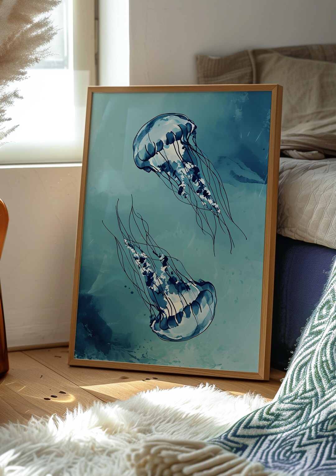 Blue Jellyfish Poster, Abstract Ocean Print, Coastal Wall Decor, Modern ...