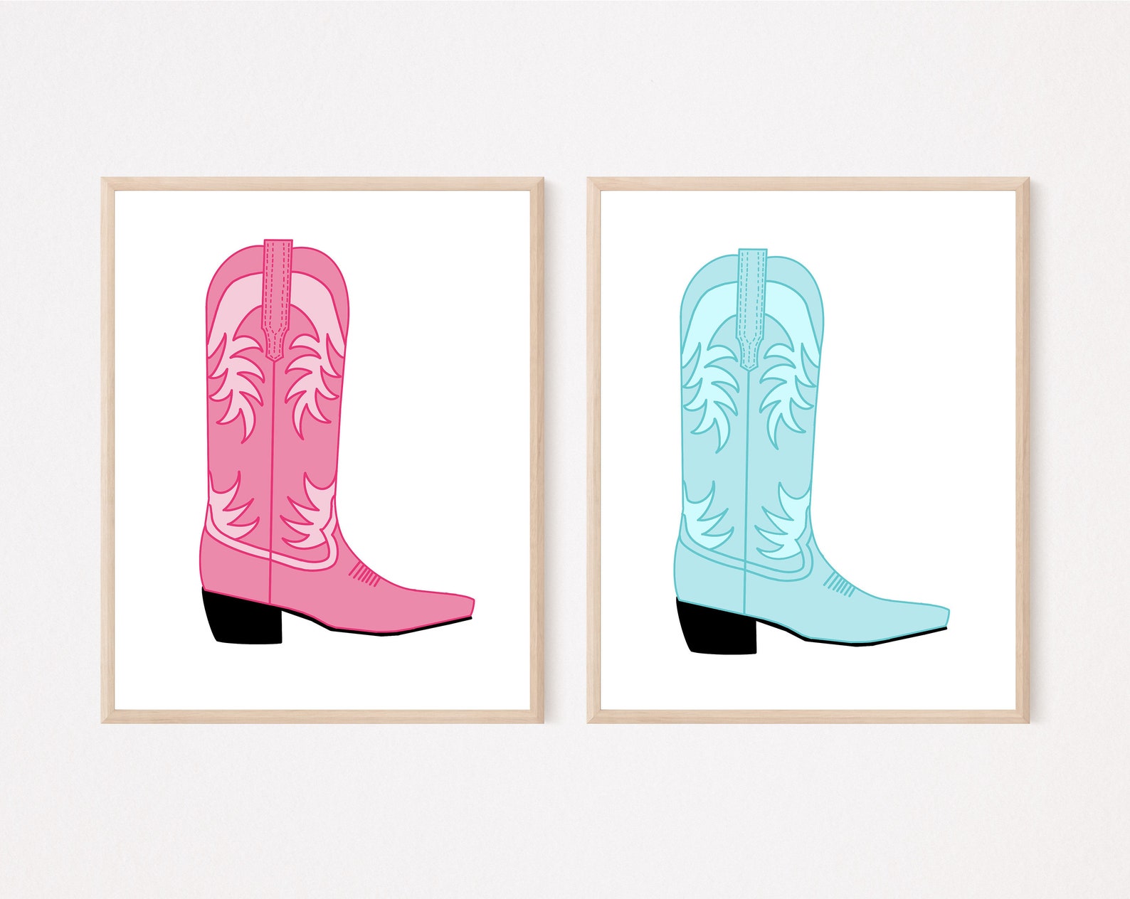 Western Print Set, Cowboy Boots, Cowgirl Boot Collage, Pink, Teal, Pink ...