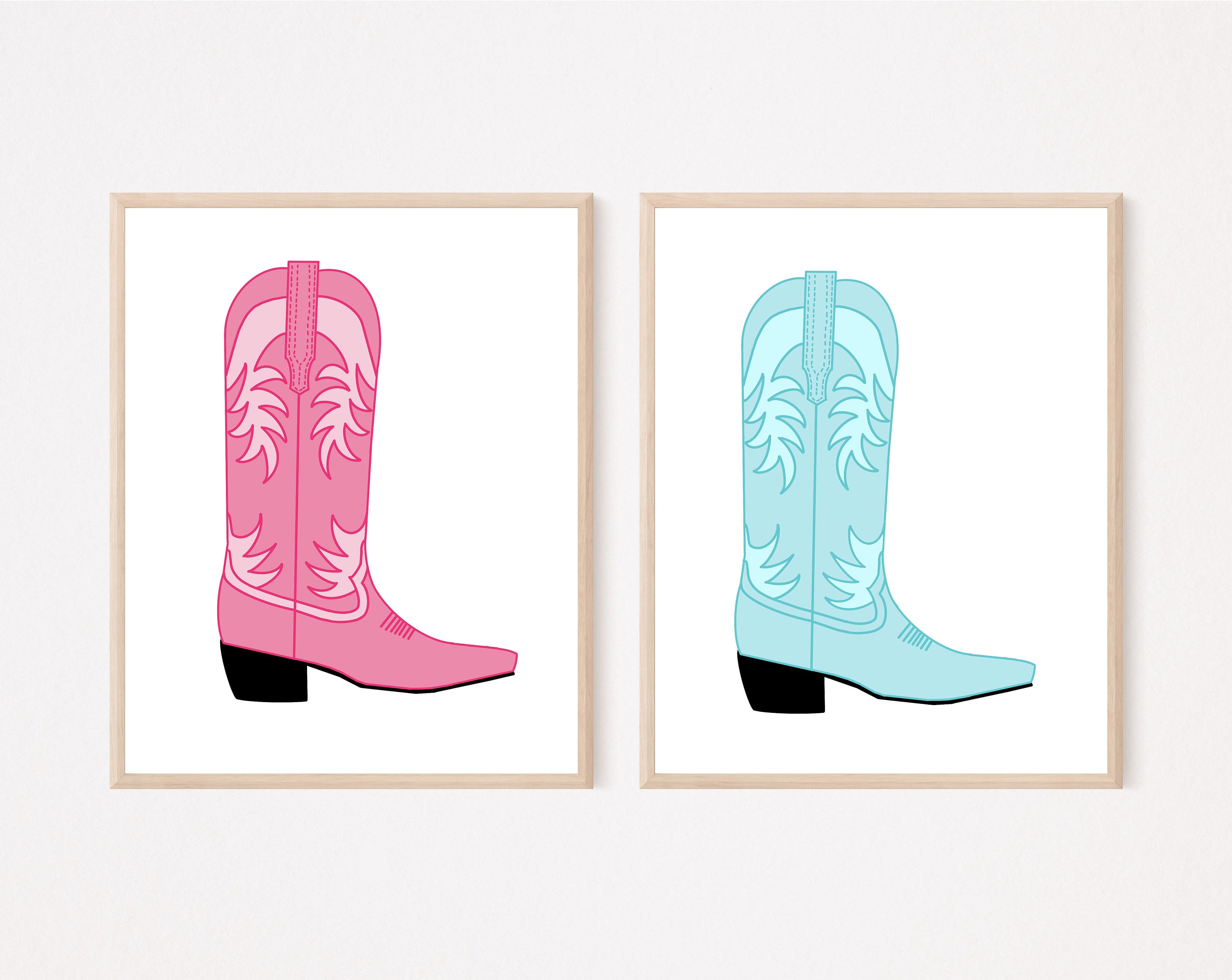 Western Print Set, Cowboy Boots, Cowgirl Boot Collage, Pink, Teal, Pink ...
