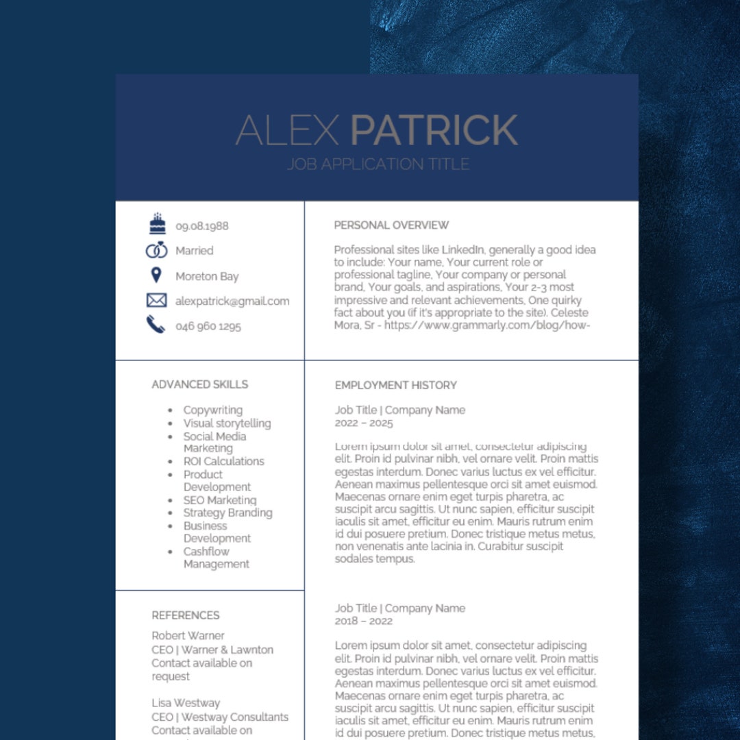 Resume Template Word | Professional Resume | Navy Resume Template - Etsy