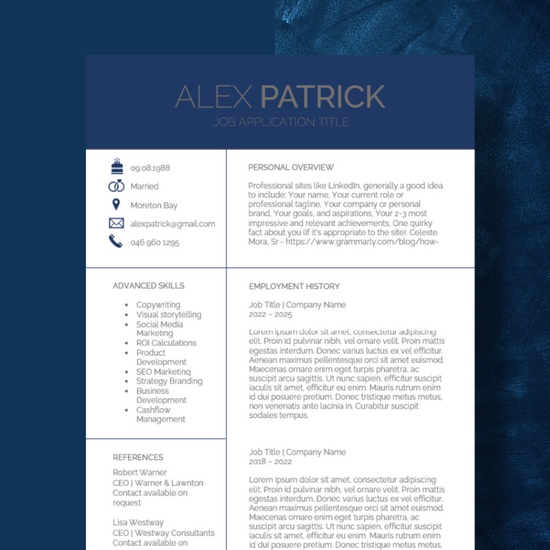 Resume Template Word | Professional Resume | Navy Resume Template - Etsy