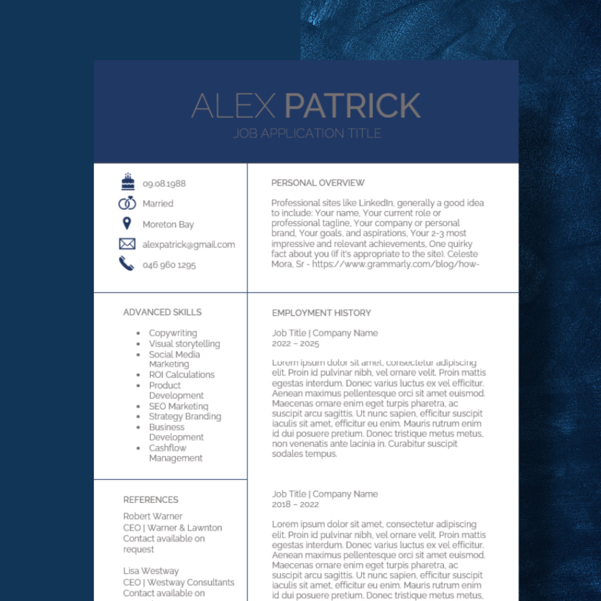 Resume Template Word | Professional Resume | Navy Resume Template - Etsy