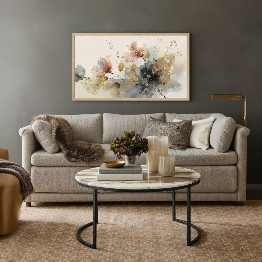Abstract Gold Ink Lotus Floral Frame TV Art: Digital Ink Painting - Etsy
