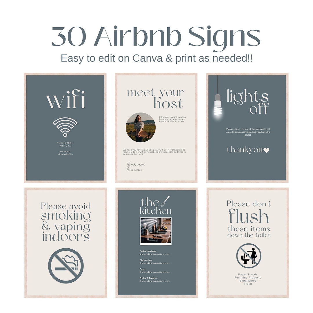 30 Airbnb Signage Posters, Rental Sign Bundle, Editable Airbnb, Wifi ...