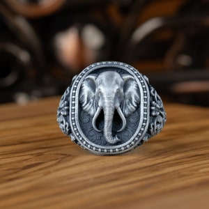 Elephant Head Antique Pattern Silver Men Ring, Elephant Luck Signet ...