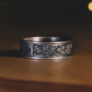 Leaf and Flower Engraved Band Ring for Men, Handmade Floral Mens ...