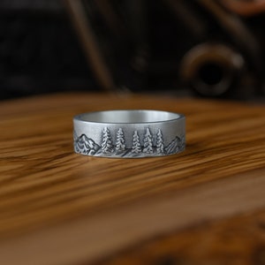 Handmade Sterling Silver Pine Trees Men Band Ring, Nature Wedding Ring ...