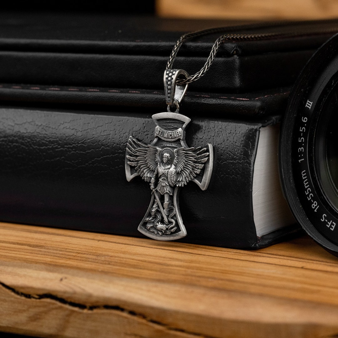 Saint Michael the Archangel With Prayer Silver Cross Men Necklace ...