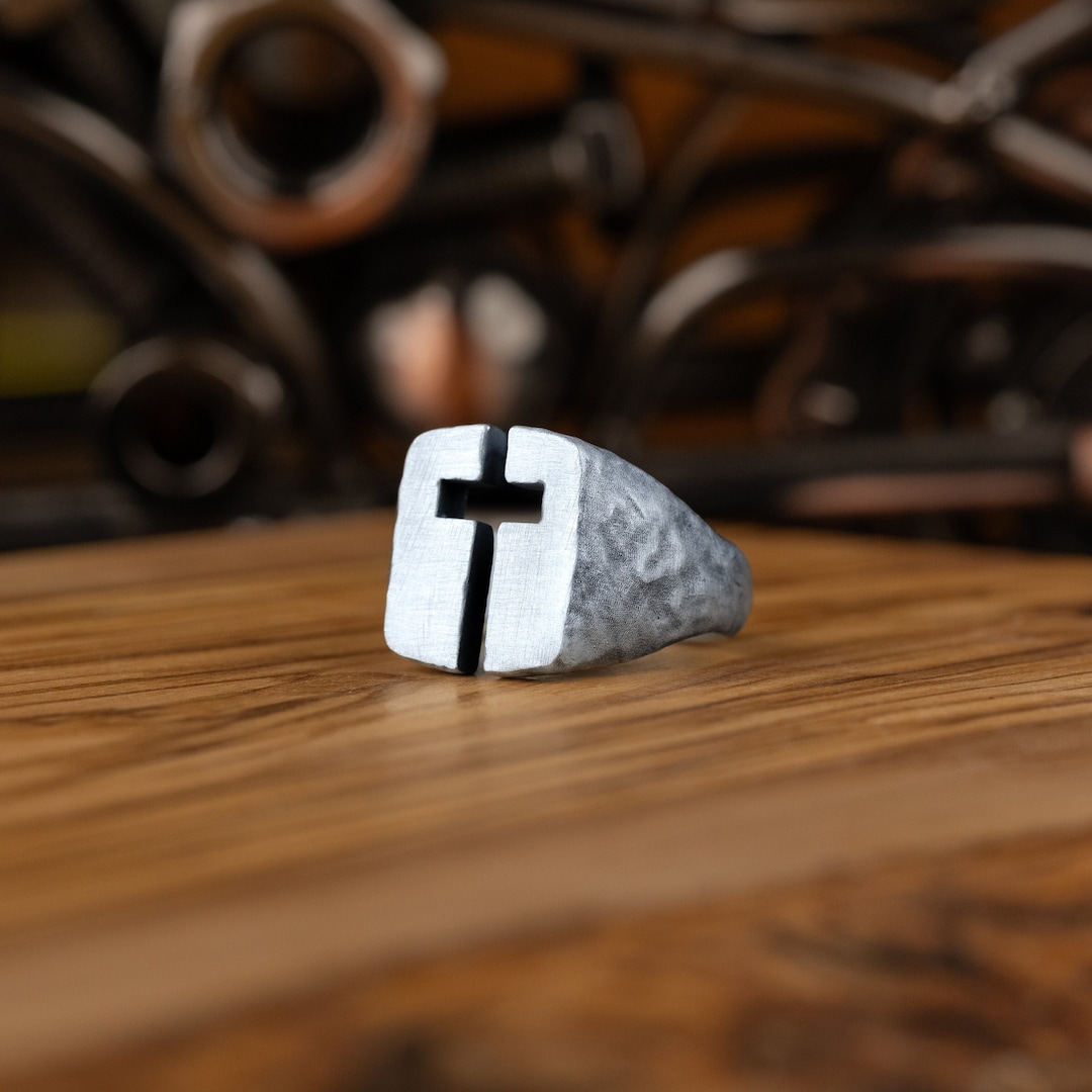 Handcrafted Engraved Cross Pinky Silver Ring, Good Christian Silver ...