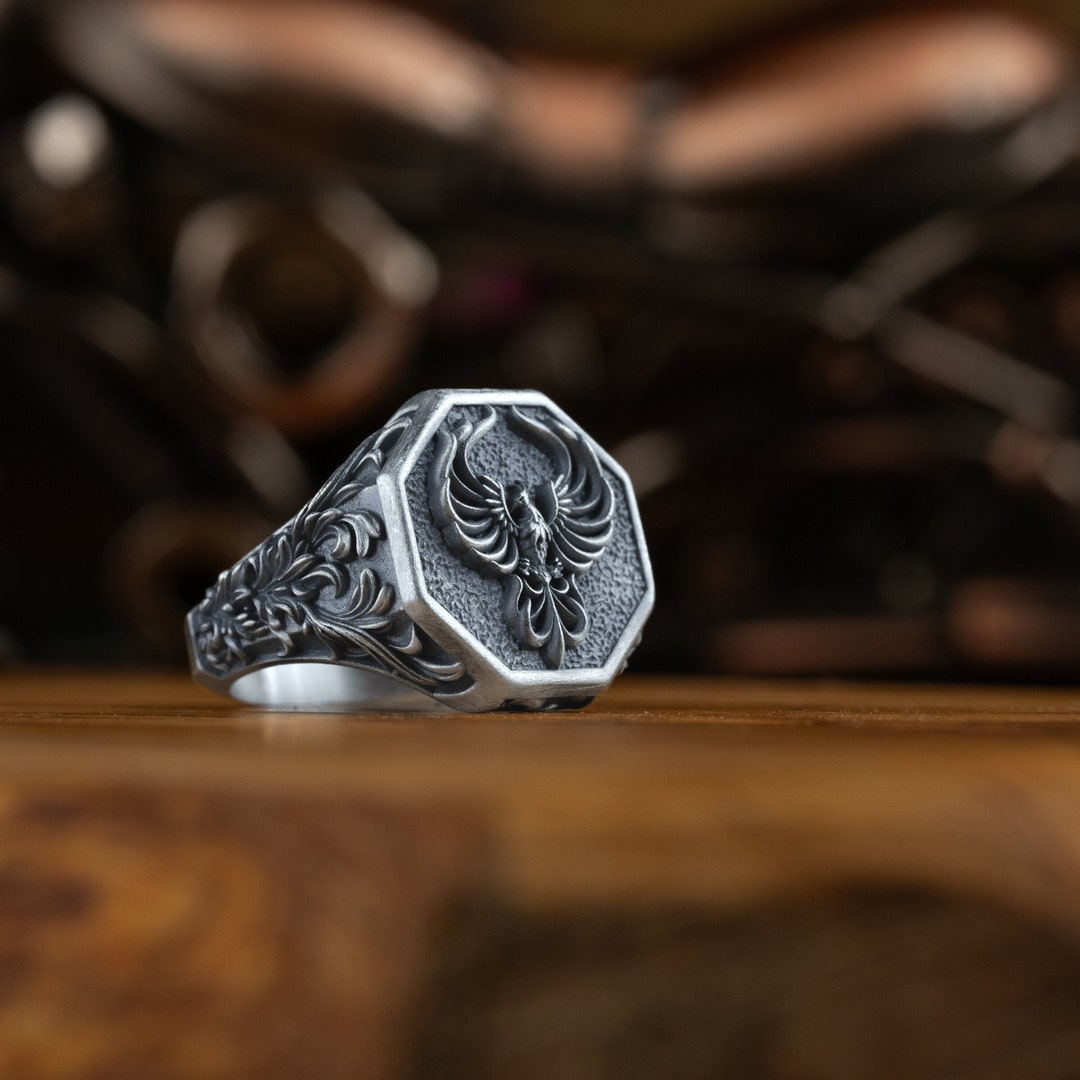Men Signet Ring With Immortal Phoenix Bird, Egyptian Mythology Jewelry ...