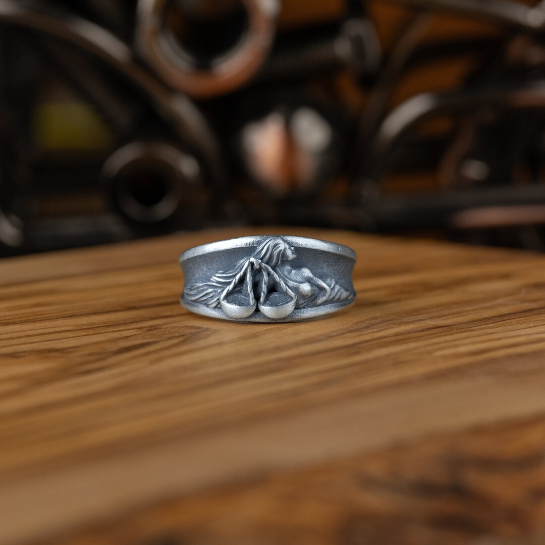 Libra Zodiac Horoscope Oxidized Silver Band Ring, Zodiac Sign Libra ...