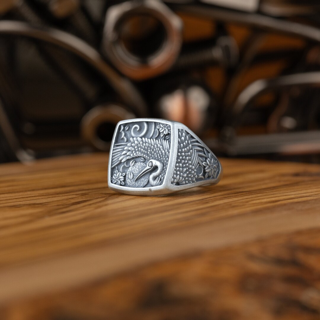 Stork Bird Flower Ornament Men Silver Ring, Traditional Sterling Silver Egret Ring, Signet Ring ...