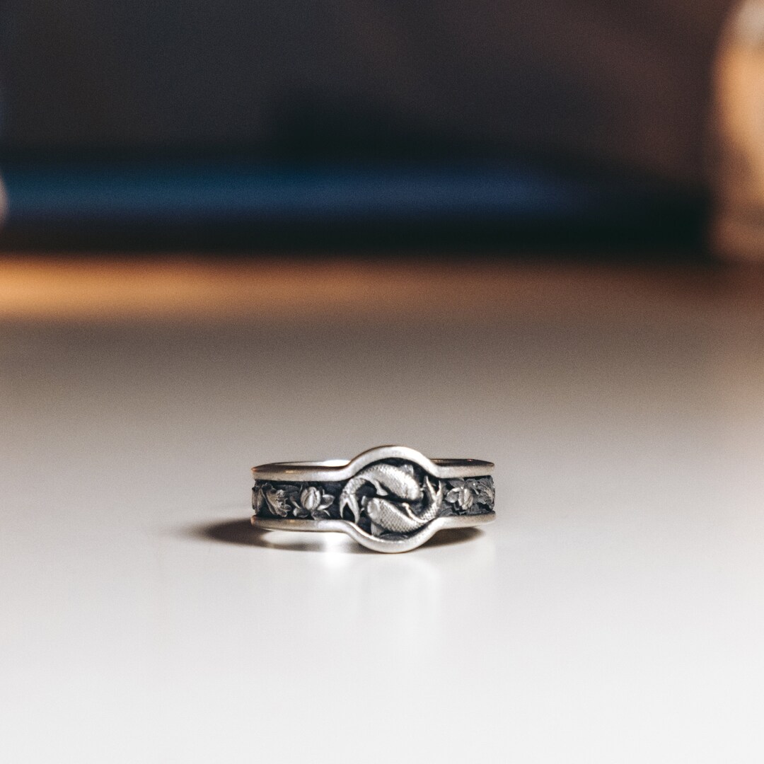 Japanese Men Band Ring in 925 Sterling Silver, Koi Fish and Lotus Mens ...