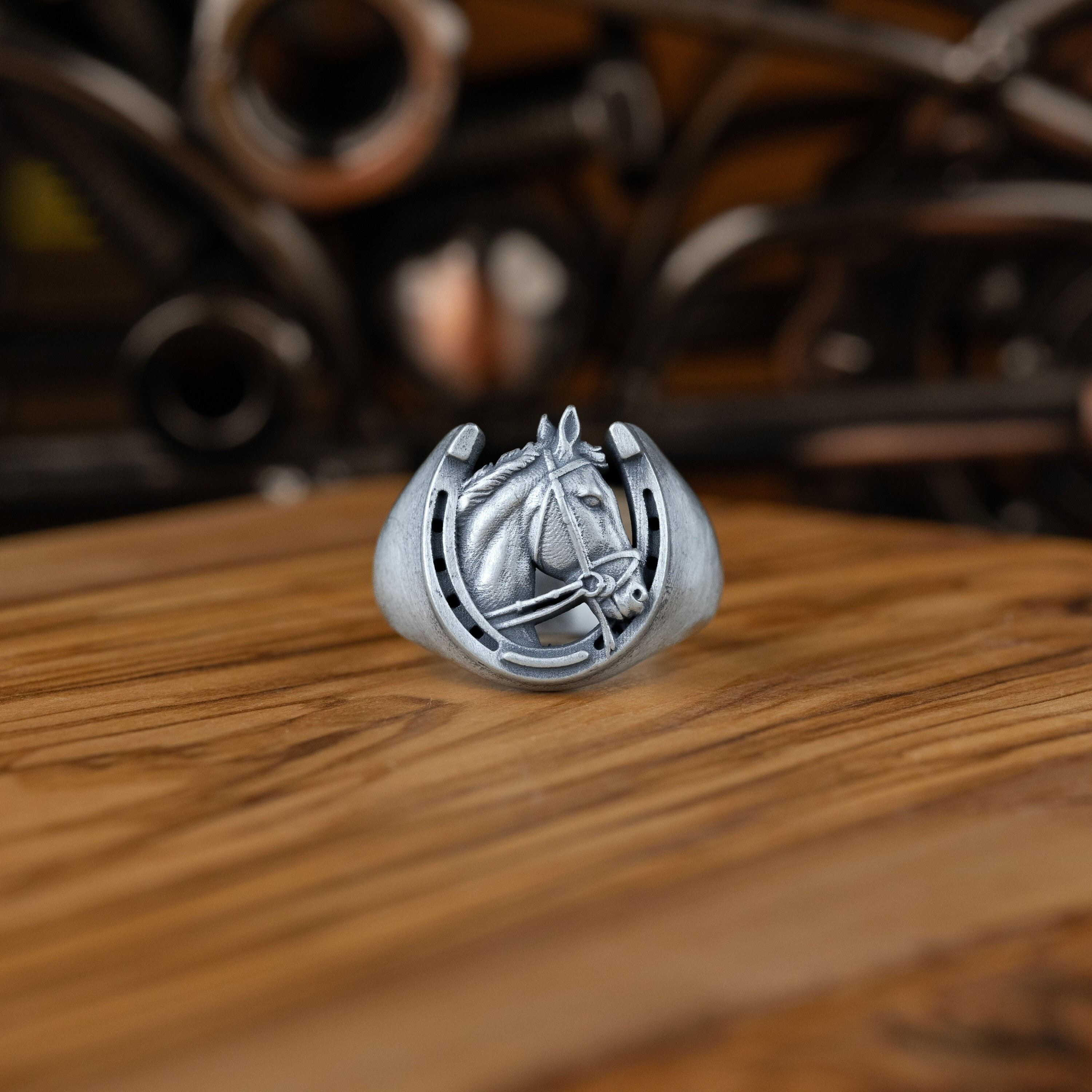 Lucky Horseshoe Horse Head Silver Ring, Horse Head Men Silver Ring ...