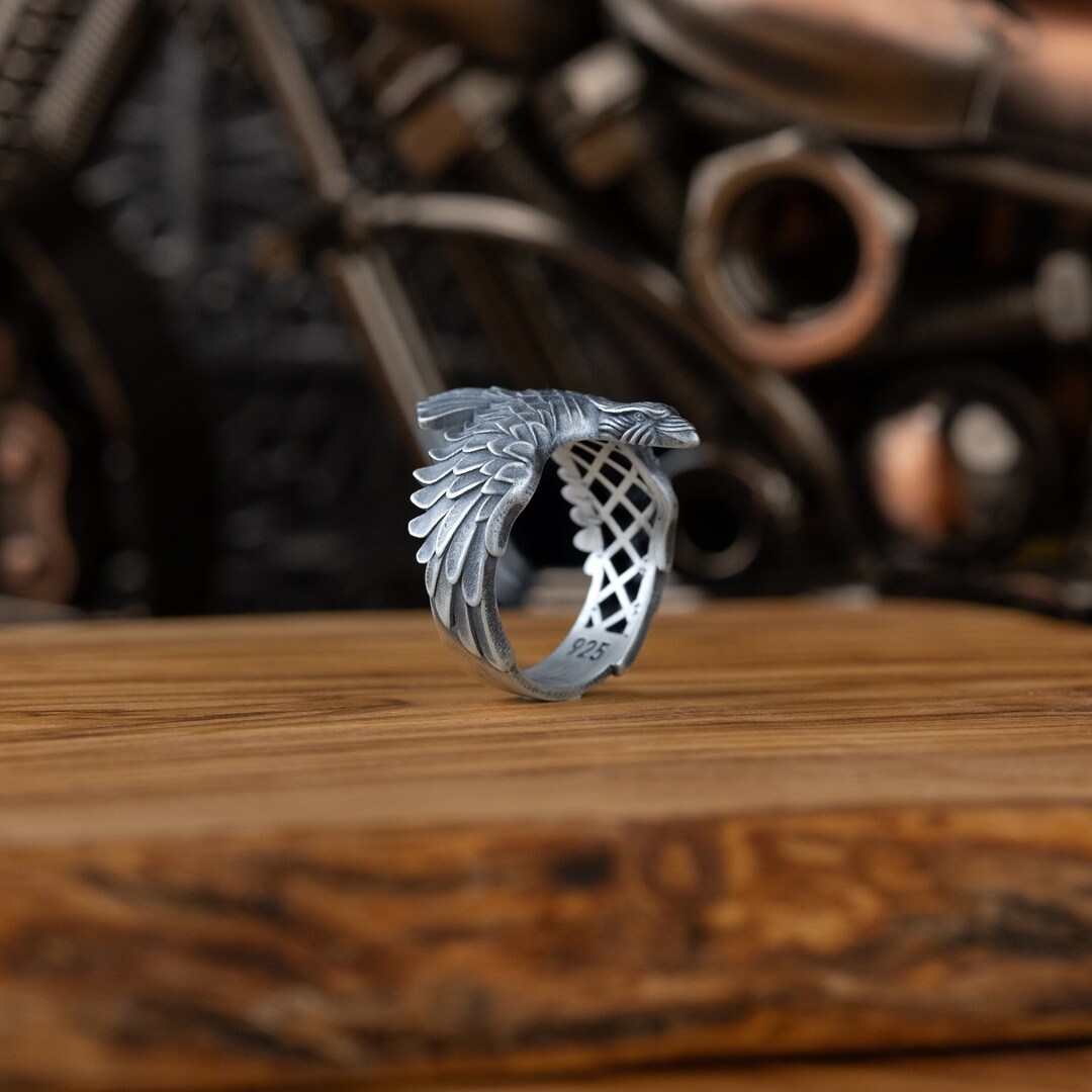 Raven Wings Feathers Signet Silver Men Ring, Oxidized 925 Silver Winged ...