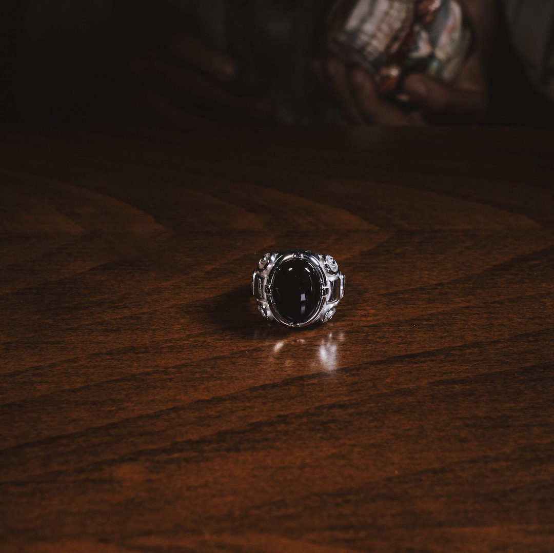 Cyberpunk Mens Silver Ring With Onyx, Extraordinary Black Onyx Ring for ...