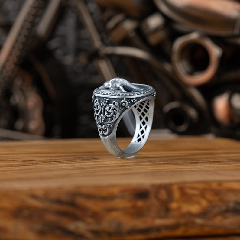 Elephant Head Antique Pattern Silver Men Ring, Elephant Luck Signet ...