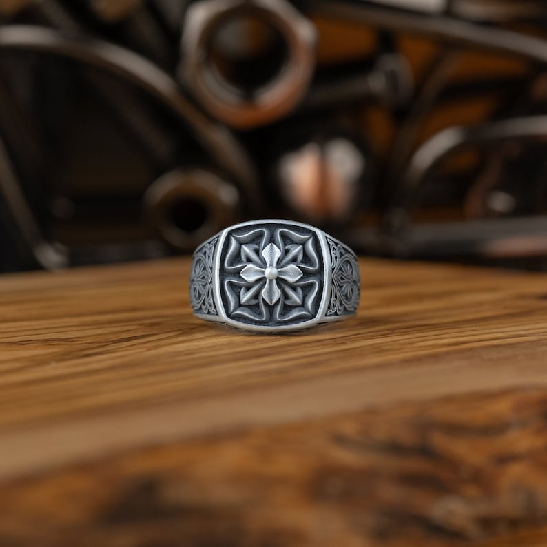 Victorian Style Floral Pinky Ring, Flower Cross Mens Ring in Sterling ...