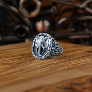 Elephant Head Antique Pattern Silver Men Ring, Elephant Luck Signet ...