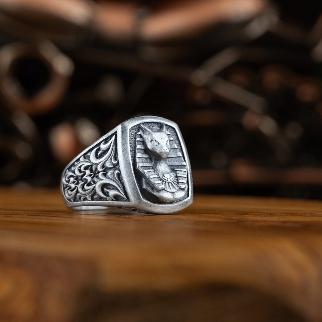 Ancient Egyptian Handmade Bastet Cat Signet Ring for Him, Daughter of Ra Bast Ring for ...